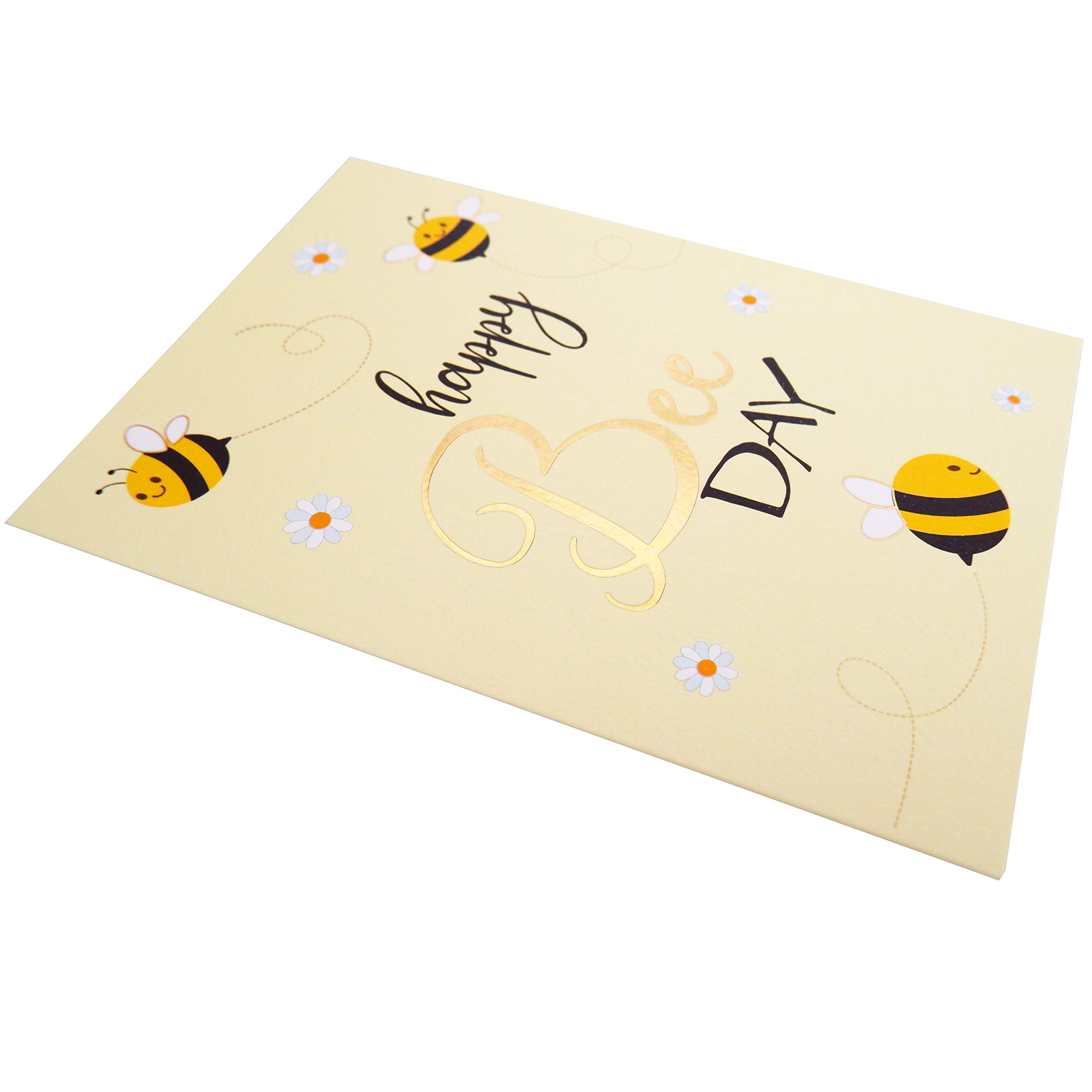 Birthday Card - Single Happy Bee Day Birthday Greeting Card For Bee Themed Party - Gold Foil Bees and Lettering on Yellow Textured Paper with Kraft Envelope - 5" x 7" - Blank Inside