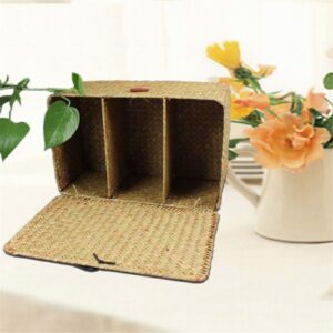 3 Grids Hand-Woven Water Hyacinth Baskets Rectangular Storage Basket Separate Compartment with Lid for Makeup, Clothes and Home Items