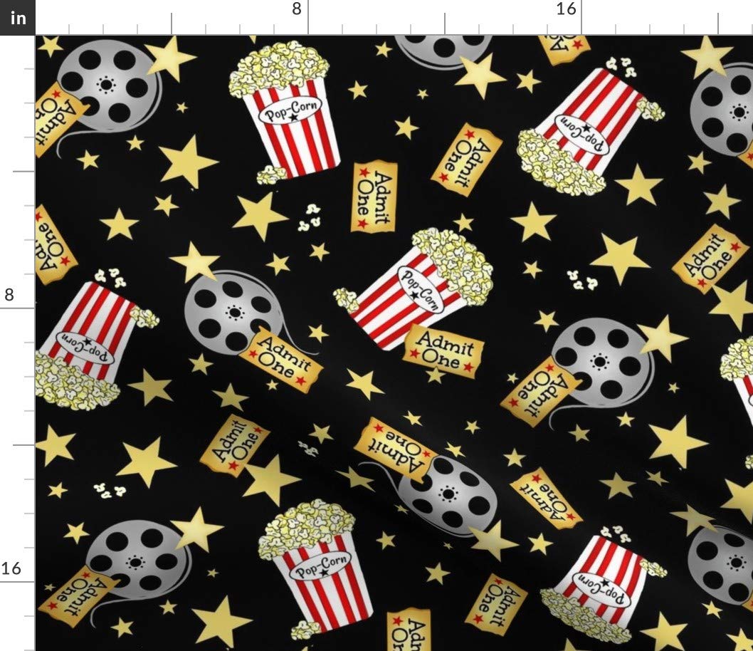 Spoonflower Fabric - VIP Night Theater Popcorn Black Yellow Stars Red Gold Novelty Printed on Petal Signature Cotton Fabric Fat Quarter - Sewing Quilting Apparel Crafts Decor