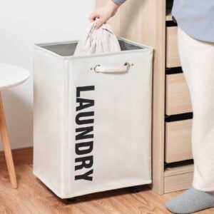 Lifesela 22" Pro Rolling Laundry Basket, Large Laundry Hamper on Wheels, Collapsible Dirty Clothes Hamper with Drawstring Mesh Cover, Corner Clothes Storage Basket Laundry Bin with Handle (Beige)