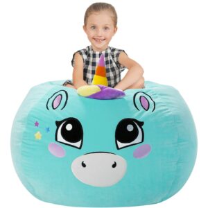 aubliss stuffed animal storage, velvet bean bag chairs cover, x-large 38" ultra soft kids toy storage organizer for toys blankets towels clothes, cyan big eyes