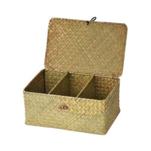 3 grids hand-woven water hyacinth baskets rectangular storage basket separate compartment with lid for makeup, clothes and home items