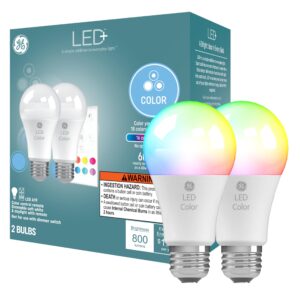 ge led+ color changing led light bulbs with remote, college dorm light, dorm room essentials, bedroom light, 9.5w, no app or wi-fi required, a19, cac (2 pack)