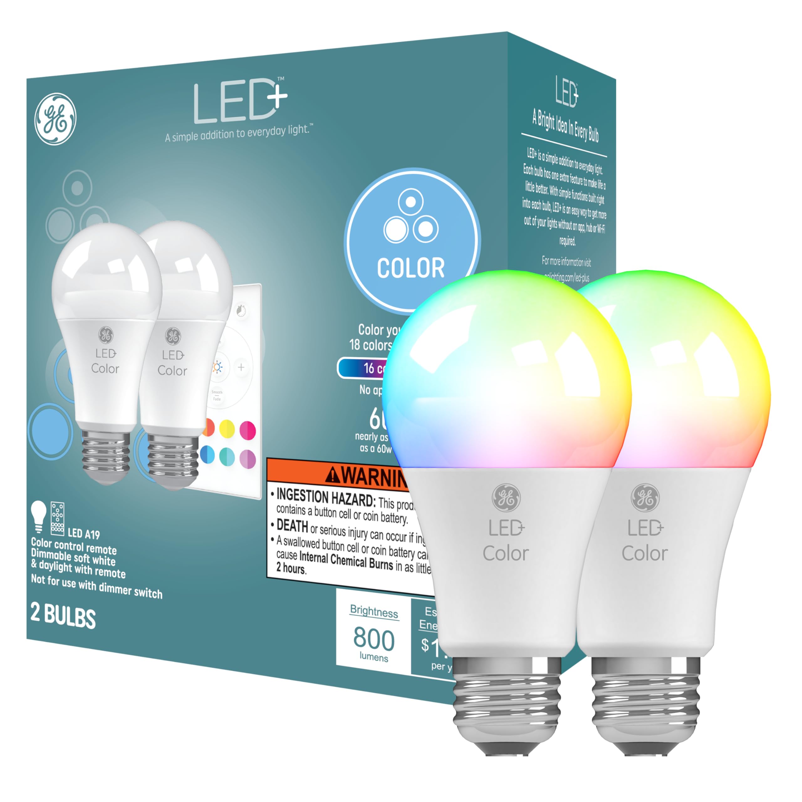 GE LED+ Color Changing LED Light Bulbs with Remote, College Dorm Light, Dorm Room Essentials, Bedroom Light, 9.5W, No App or Wi-Fi Required, A19, CAC (2 Pack)