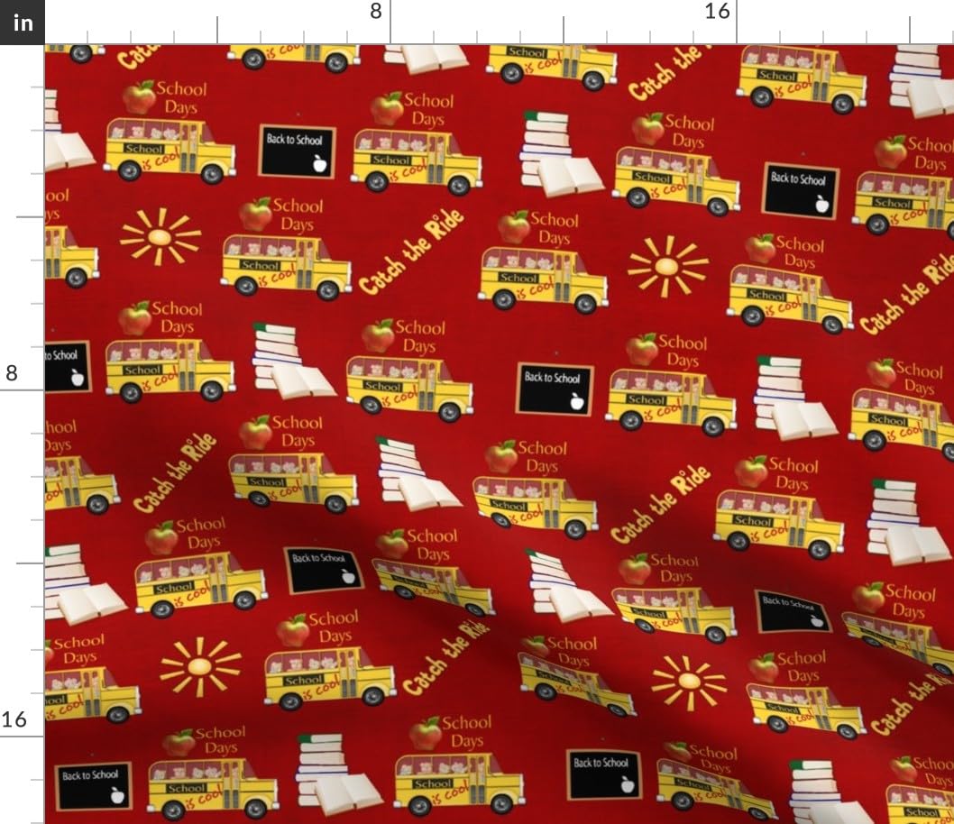 Spoonflower Fabric - School Bus Red Back to School Yellow Bear Transportation Printed on Petal Signature Cotton Fabric Fat Quarter - Sewing Quilting Apparel Crafts Decor