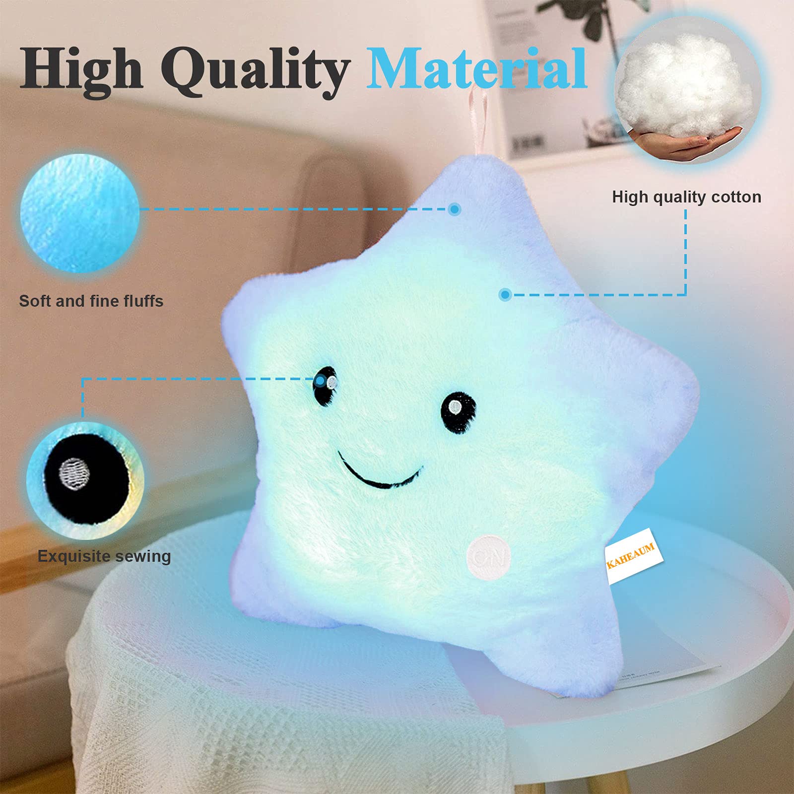 KAHEAUM Creative Twinkle Star Glowing LED Night Light Up Plush Pillows Stuffed Toys Birthday Gifts for Kid Children Friends,Couch Bed Throw Pillows Decorative Light Blue Throw Pillow Covers