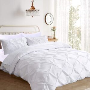 Pinch Pleated Duvet Cover with Zipper Closure and 2 Pillow Shams Silky Satin Pintuck Duvet Cover Set, Elegant Comforter Cover 3 Pieces Set (White, King/Cal King)