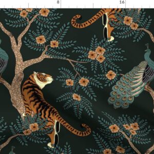 Spoonflower Fabric - Tiger Chinoiserie Bengal Peacock Asian Inspired Dark Teal Orange Printed on Petal Signature Cotton Fabric by The Yard - Sewing Quilting Apparel Crafts Decor