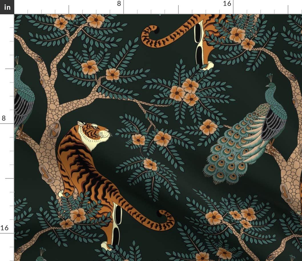 Spoonflower Fabric - Tiger Chinoiserie Bengal Peacock Asian Inspired Dark Teal Orange Printed on Petal Signature Cotton Fabric by The Yard - Sewing Quilting Apparel Crafts Decor