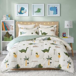 joyreap dinosaur kids cotton comforter set for boys girls, twin size 3pcs cotton bedding comforter, fresh green dinosaurs on white design, skin-friendly breathable for all season- 68x88 inches