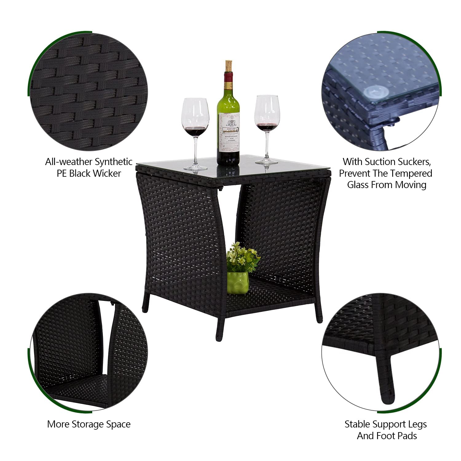 JSUN7 Outdoor Wicker Side Table - Outdoor Side Tables for Patio, Square Patio Bistro Table, Outdoor End Tables with Storage and Glass Top, Outdoor Furniture for Courtyard, Balcony, Black