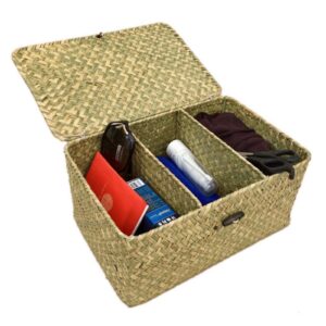 3 Grids Hand-Woven Water Hyacinth Baskets Rectangular Storage Basket Separate Compartment with Lid for Makeup, Clothes and Home Items