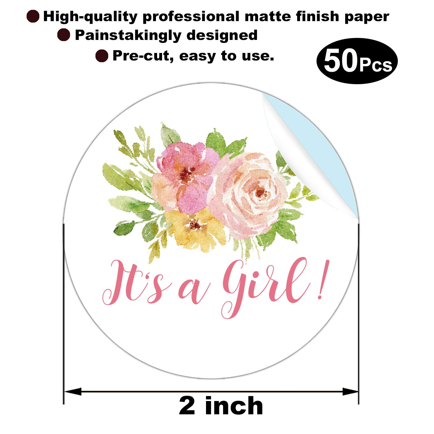 50 It's A Girl Stickers Baby Shower Favors, Baby Shower Stickers, Floral Garden Party Baby Shower Decoration, 2 Inch.