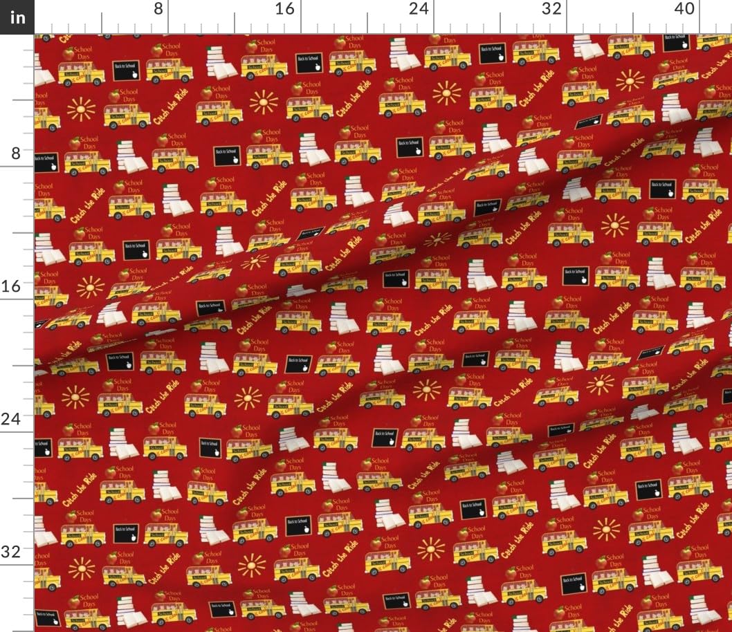 Spoonflower Fabric - School Bus Red Back to School Yellow Bear Transportation Printed on Petal Signature Cotton Fabric Fat Quarter - Sewing Quilting Apparel Crafts Decor