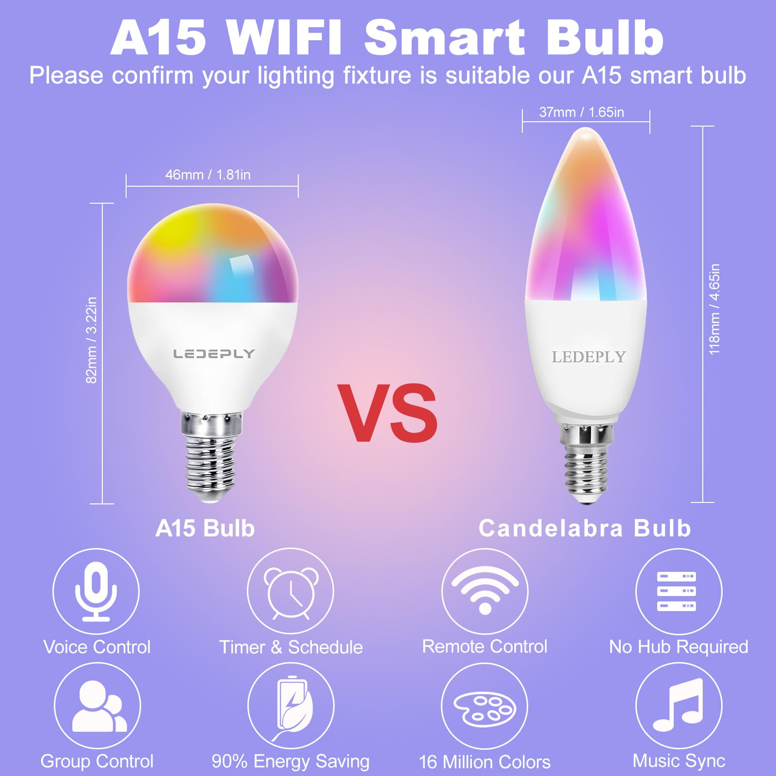 5W=40W, LED Smart Bulb, A15 Globe Shape, Compatible with Alexa, Google Home, E12, Dimmable, WiFi, Color Changing, Tunable White 2700K-6500K, G45 Ceiling Fan Light Bulbs, 1 Pack, No hub Required