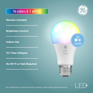 GE LED+ Color Changing LED Light Bulbs with Remote, College Dorm Light, Dorm Room Essentials, Bedroom Light, 9.5W, No App or Wi-Fi Required, A19, CAC (2 Pack)