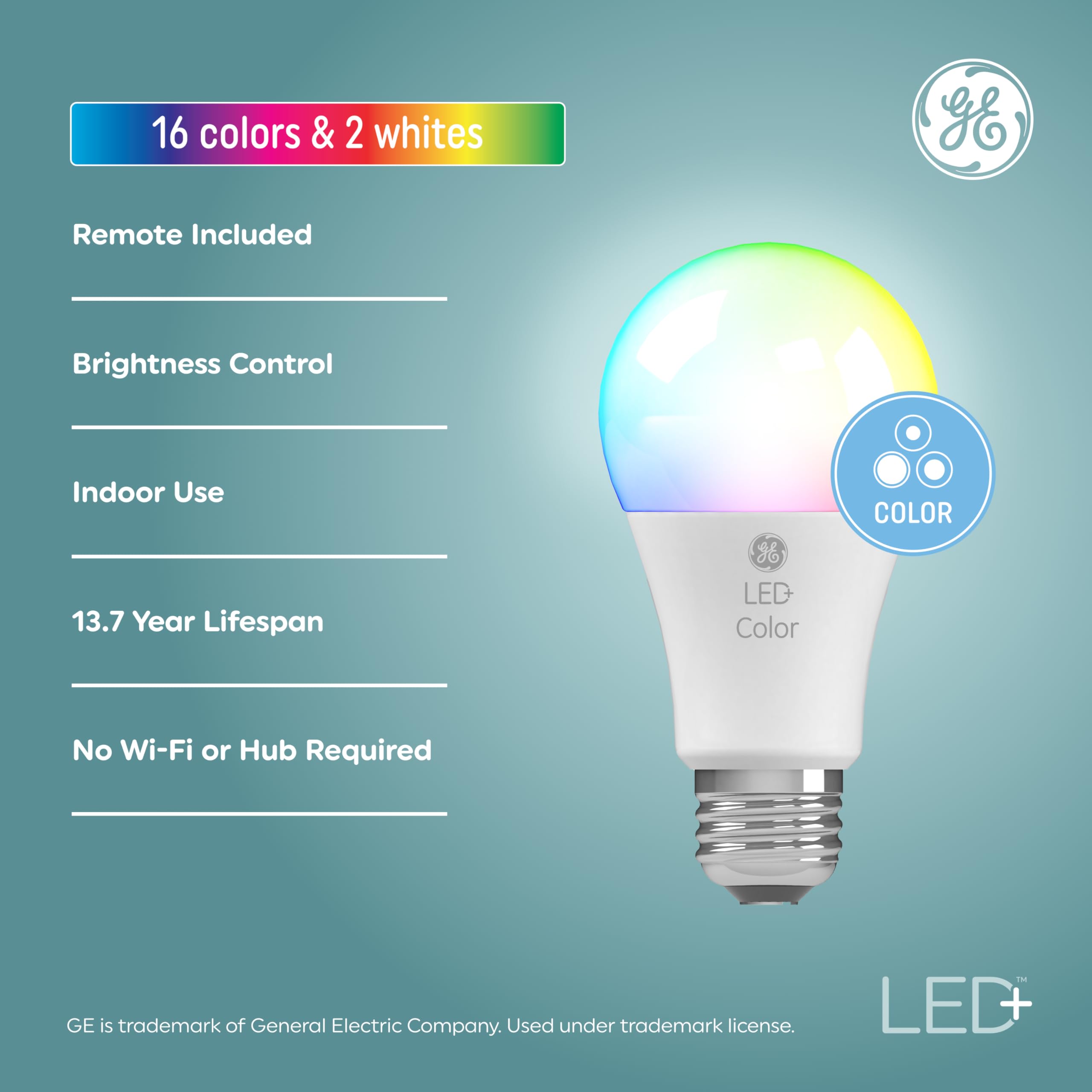 GE LED+ Color Changing LED Light Bulbs with Remote, College Dorm Light, Dorm Room Essentials, Bedroom Light, 9.5W, No App or Wi-Fi Required, A19, CAC (2 Pack)