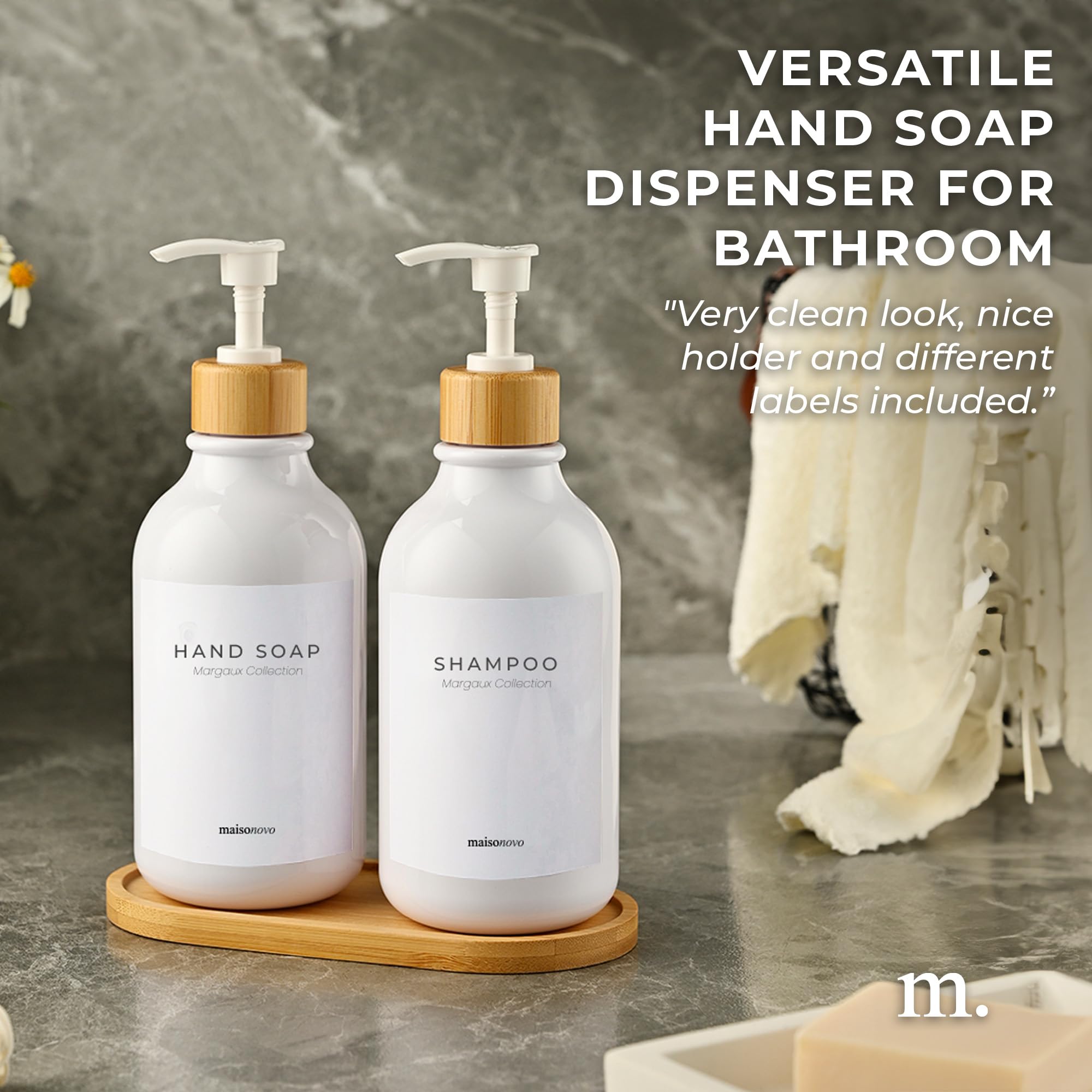 MaisoNovo Kitchen Soap Dispenser Set - Plastic Soap Dispenser with Pump - White Bamboo White Pump 16.9 fl oz - Bathroom Soap Dispenser Set of 2 - Soap and Lotion Dispenser Set with Tray