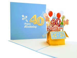 igifts and cards happy 40th blue birthday party box 3d pop up greeting card – forty, awesome, balloons, presents, unique, celebration, feliz cumpleaños, congrats, fun