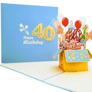 iGifts And Cards Happy 40th Blue Birthday Party Box 3D Pop Up Greeting Card – Forty, Awesome, Balloons, Presents, Unique, Celebration, Feliz Cumpleaños, Congrats, Fun