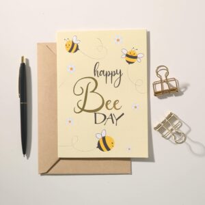 Birthday Card - Single Happy Bee Day Birthday Greeting Card For Bee Themed Party - Gold Foil Bees and Lettering on Yellow Textured Paper with Kraft Envelope - 5" x 7" - Blank Inside