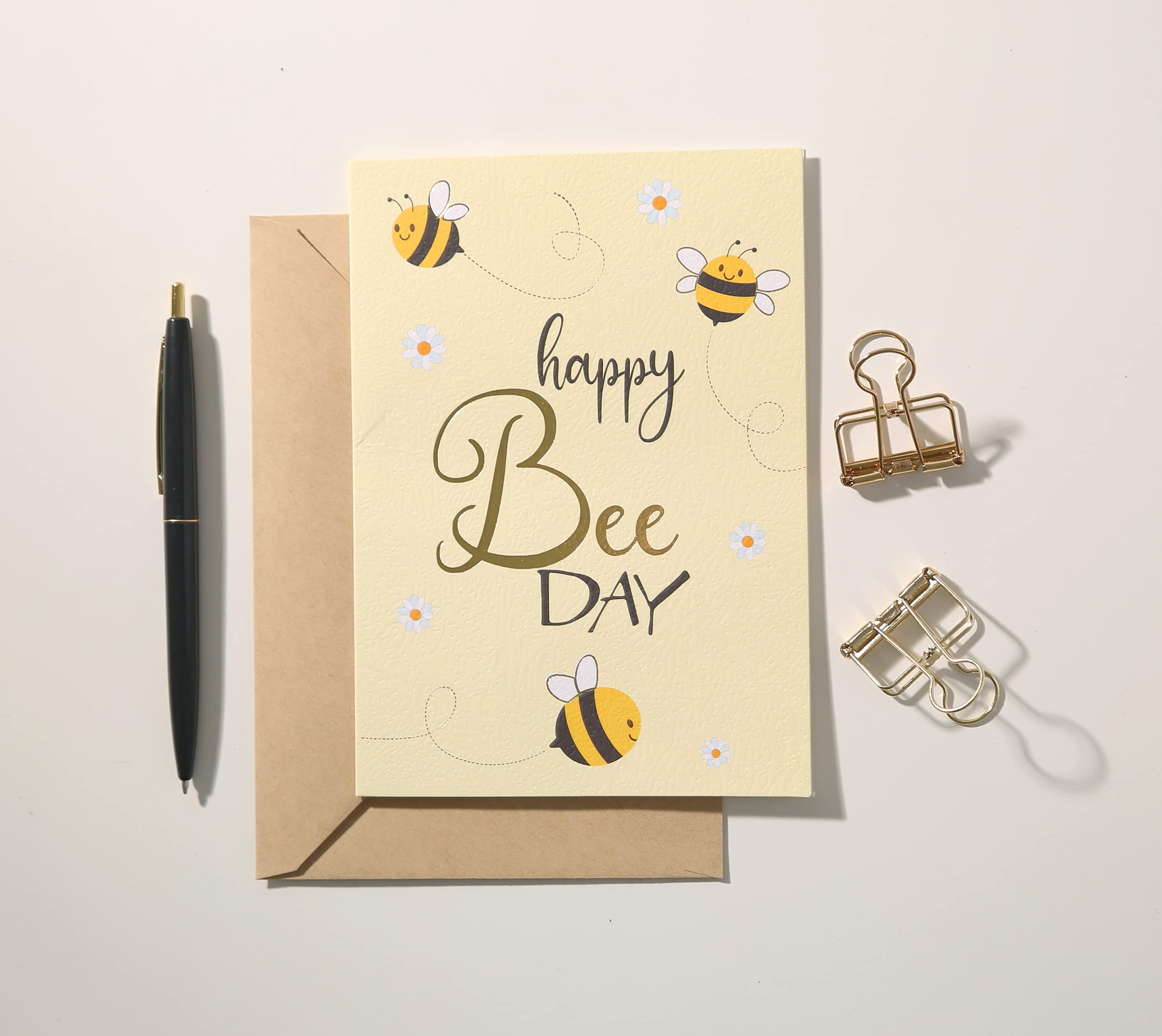 Birthday Card - Single Happy Bee Day Birthday Greeting Card For Bee Themed Party - Gold Foil Bees and Lettering on Yellow Textured Paper with Kraft Envelope - 5" x 7" - Blank Inside