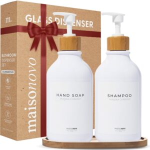 maisonovo kitchen soap dispenser set - plastic soap dispenser with pump - white bamboo white pump 16.9 fl oz - bathroom soap dispenser set of 2 - soap and lotion dispenser set with tray