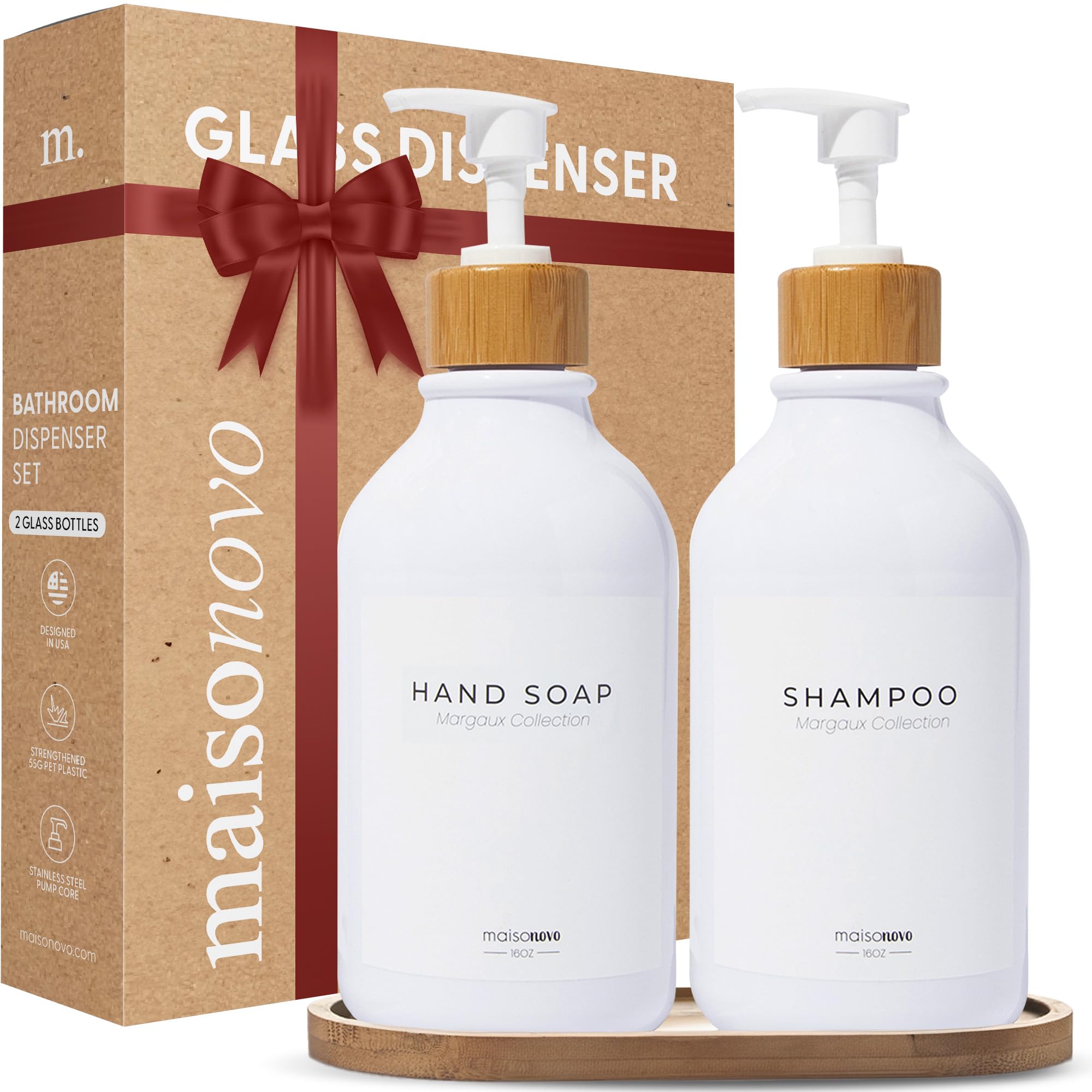 MaisoNovo Kitchen Soap Dispenser Set - Plastic Soap Dispenser with Pump - White Bamboo White Pump 16.9 fl oz - Bathroom Soap Dispenser Set of 2 - Soap and Lotion Dispenser Set with Tray