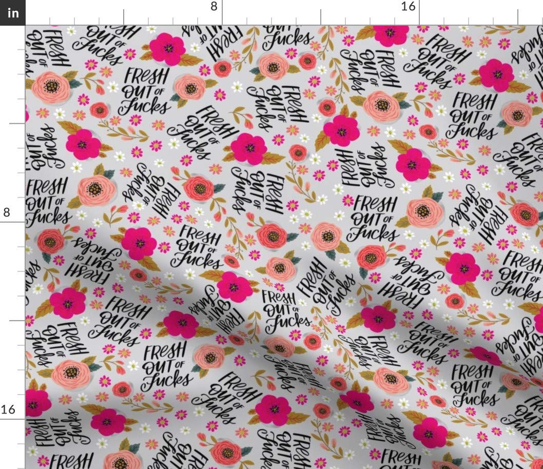 Spoonflower Fabric - Pretty Fresh Out Pink Flowers Floral Gray Rose Daisy Swear Curse Word Printed on Petal Signature Cotton Fabric Fat Quarter - Sewing Quilting Apparel Crafts Decor