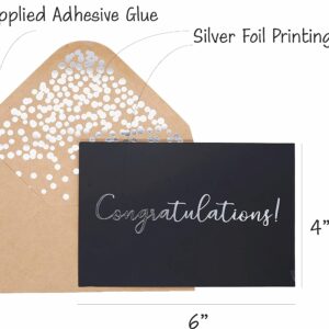 Congratulations Card – 50 Pack Matte Finish Black Greeting Cards With ‘’Congratulations’’ Embossed In Silver Foil Letters – For Engagement, Graduation, Wedding 52 Gold Foil Confetti Kraft Envelopes