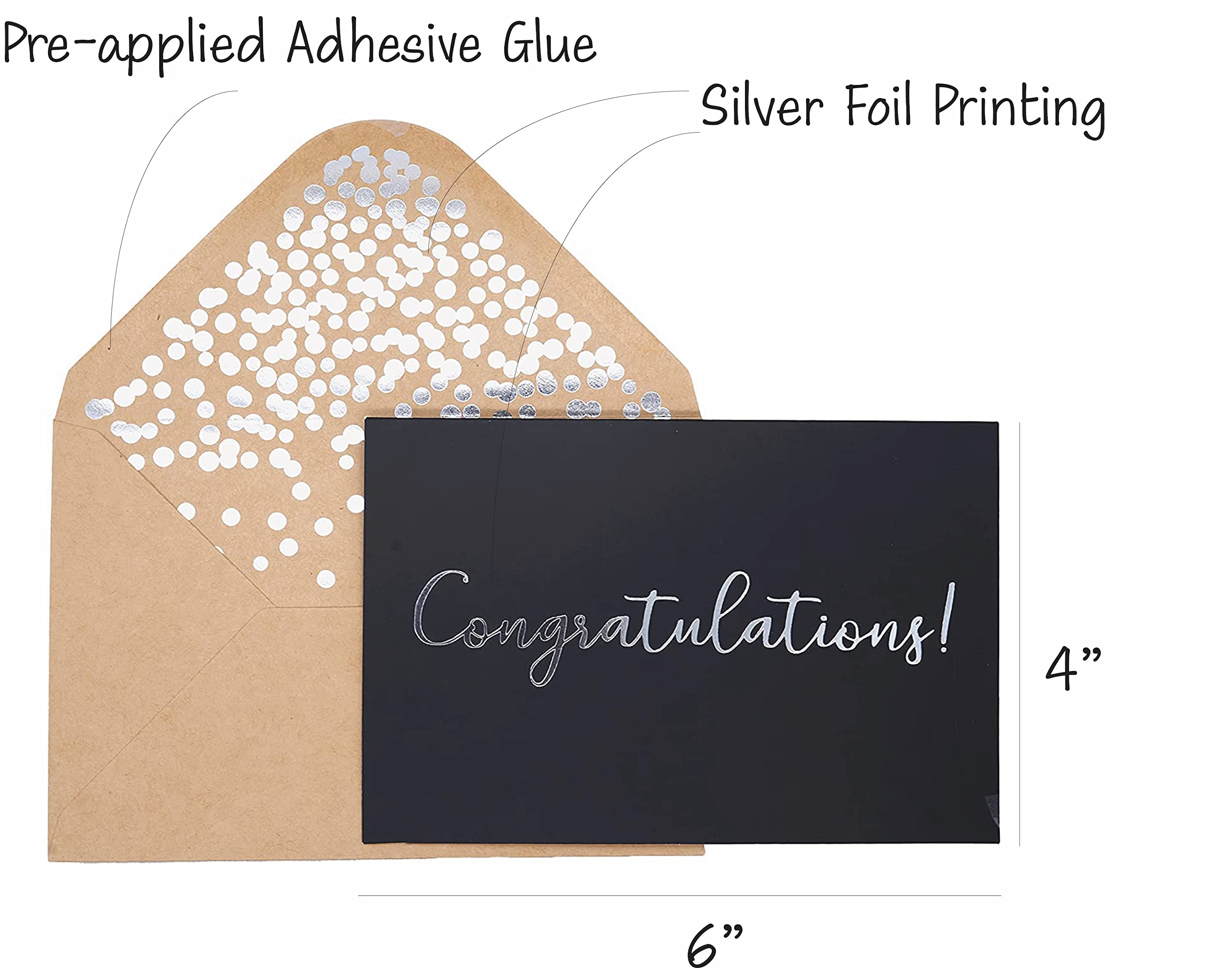 Congratulations Card – 50 Pack Matte Finish Black Greeting Cards With ‘’Congratulations’’ Embossed In Silver Foil Letters – For Engagement, Graduation, Wedding 52 Gold Foil Confetti Kraft Envelopes