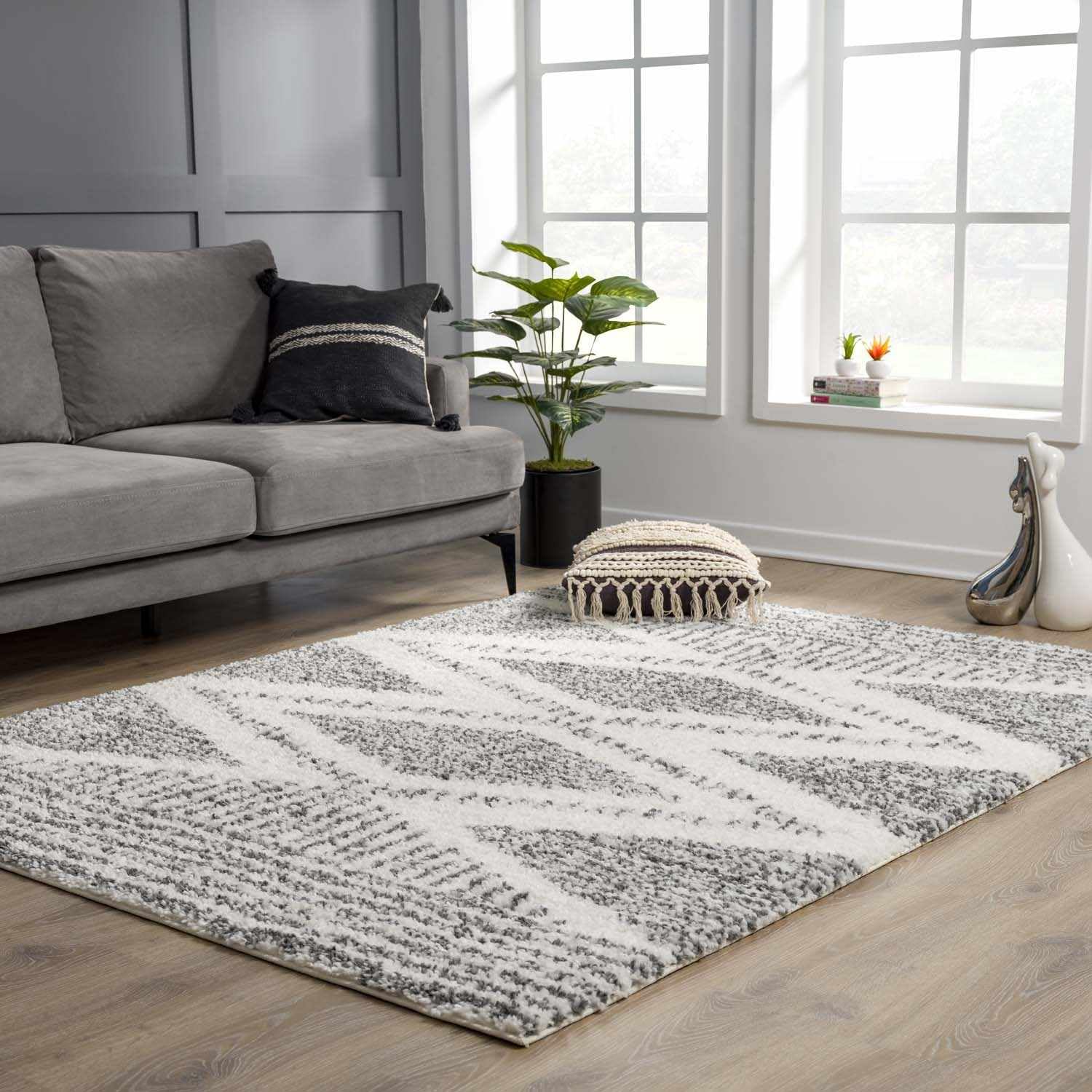 Hauteloom Trunding Moroccan Farmhouse Living Room Bedroom Shaggy Area Rug - Bohemian Shag Rug - Plush High Pile - Southwestern Boho Soft Carpet - Black, Cream, Grey, Beige - 5'3" x 7'3"