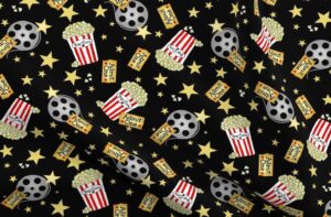 spoonflower fabric - vip night theater popcorn black yellow stars red gold novelty printed on petal signature cotton fabric fat quarter - sewing quilting apparel crafts decor