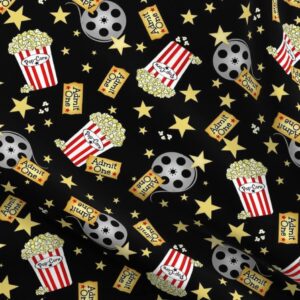 Spoonflower Fabric - VIP Night Theater Popcorn Black Yellow Stars Red Gold Novelty Printed on Petal Signature Cotton Fabric Fat Quarter - Sewing Quilting Apparel Crafts Decor