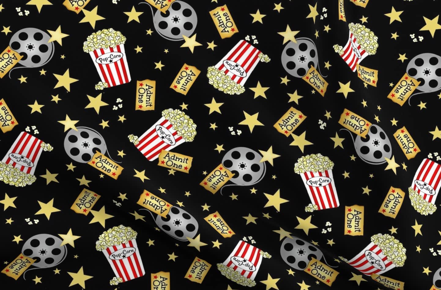 Spoonflower Fabric - VIP Night Theater Popcorn Black Yellow Stars Red Gold Novelty Printed on Petal Signature Cotton Fabric Fat Quarter - Sewing Quilting Apparel Crafts Decor