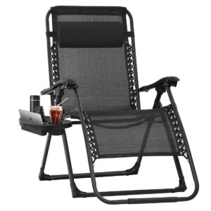 outdoor oversized zero gravity chair, xl adjustable patio lounge recliner chair with lumbar support and pillow, folding recliner for backyard, beach, lawn pool deck camping with cup holder, black