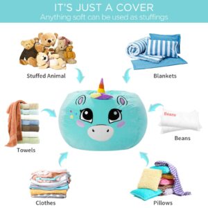 Aubliss Stuffed Animal Storage, Velvet Bean Bag Chairs Cover, X-Large 38" Ultra Soft Kids Toy Storage Organizer for Toys Blankets Towels Clothes, Cyan Big Eyes