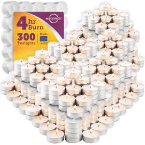 montopack unscented tea light candles 300 pack | 4 hours, white,smokeless,dripless small votive paraffin tealights | long-lasting for home, shabbat, weddings, events, emergencies | mini candles