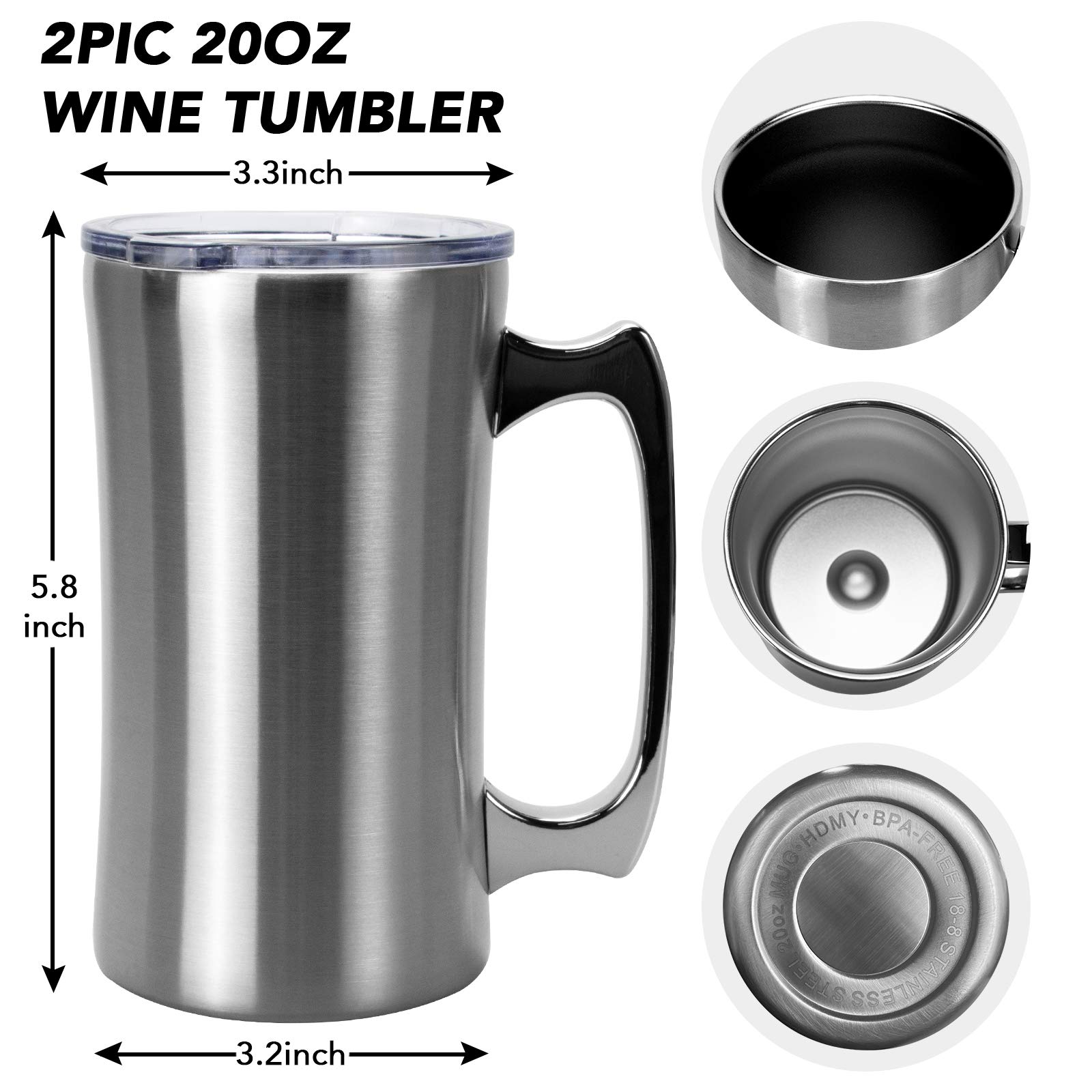 HDMY Stainless Steel Double Walled Mugs 20 oz Metal Coffee & Tea &Wine Cup Mug Insulated Cups with Handles Keep Drinks Cold or Hot Longer（Double）