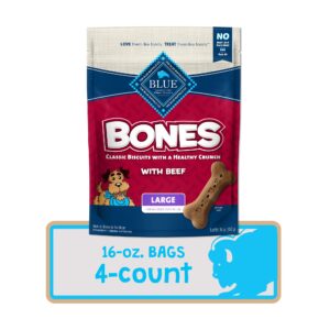 Blue Buffalo Bones Natural Crunchy Dog Treats Large Dog Biscuits Beef, 16oz. Bag, 4 Count