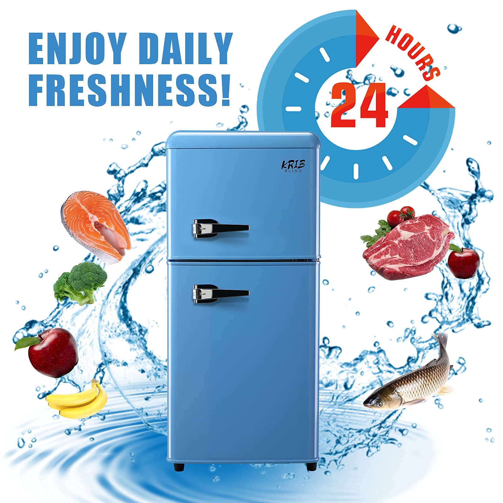 KRIB BLING 3.5 Cu.ft Compact Refrigerator, Retro Mini Fridge with Freezer, Small Drink Chiller with 2 Door Adjustable Mechanical Thermostat for Home, Office,Dorm or RV, Blue