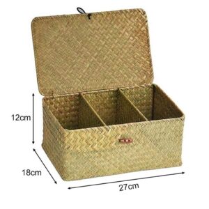 3 Grids Hand-Woven Water Hyacinth Baskets Rectangular Storage Basket Separate Compartment with Lid for Makeup, Clothes and Home Items