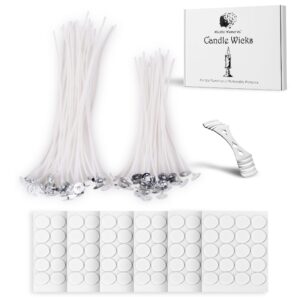 mindful memories candle wicks 90 pcs (4 inch, 6 inch, 8 inch) with 2 candle wick holders & 90 wick tab stickers, long lasting pre-waxed & tabbed cotton threads with no black smoke for diy crafts