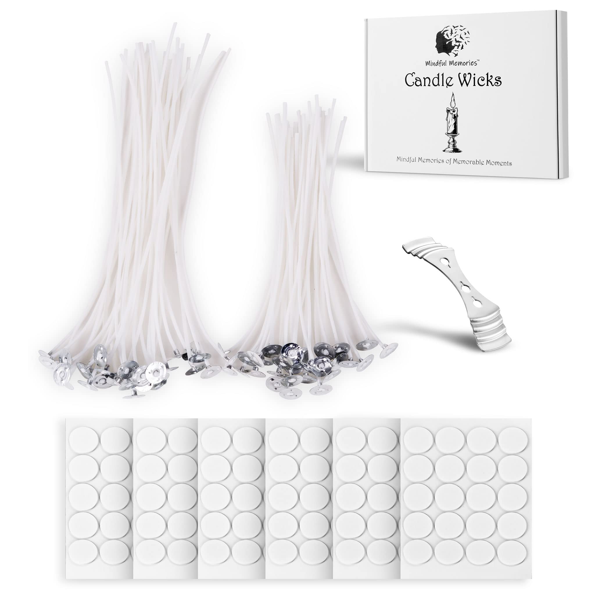 Mindful Memories Candle Wicks 90 Pcs (4 inch, 6 inch, 8 inch) with 2 Candle Wick Holders & 90 Wick Tab Stickers, Long Lasting Pre-Waxed & Tabbed Cotton Threads with No Black Smoke for DIY Crafts