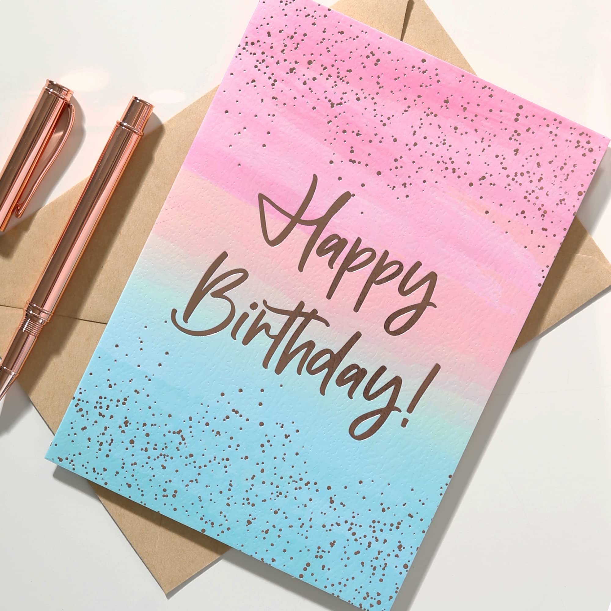 Birthday Card - Single Happy Birthday Greeting Card with Rose Gold Foil Sprinkles and Lettering on Ombre Blue Yellow Pink Textured Paper with Kraft Envelope - 5" x 7" - Blank Inside