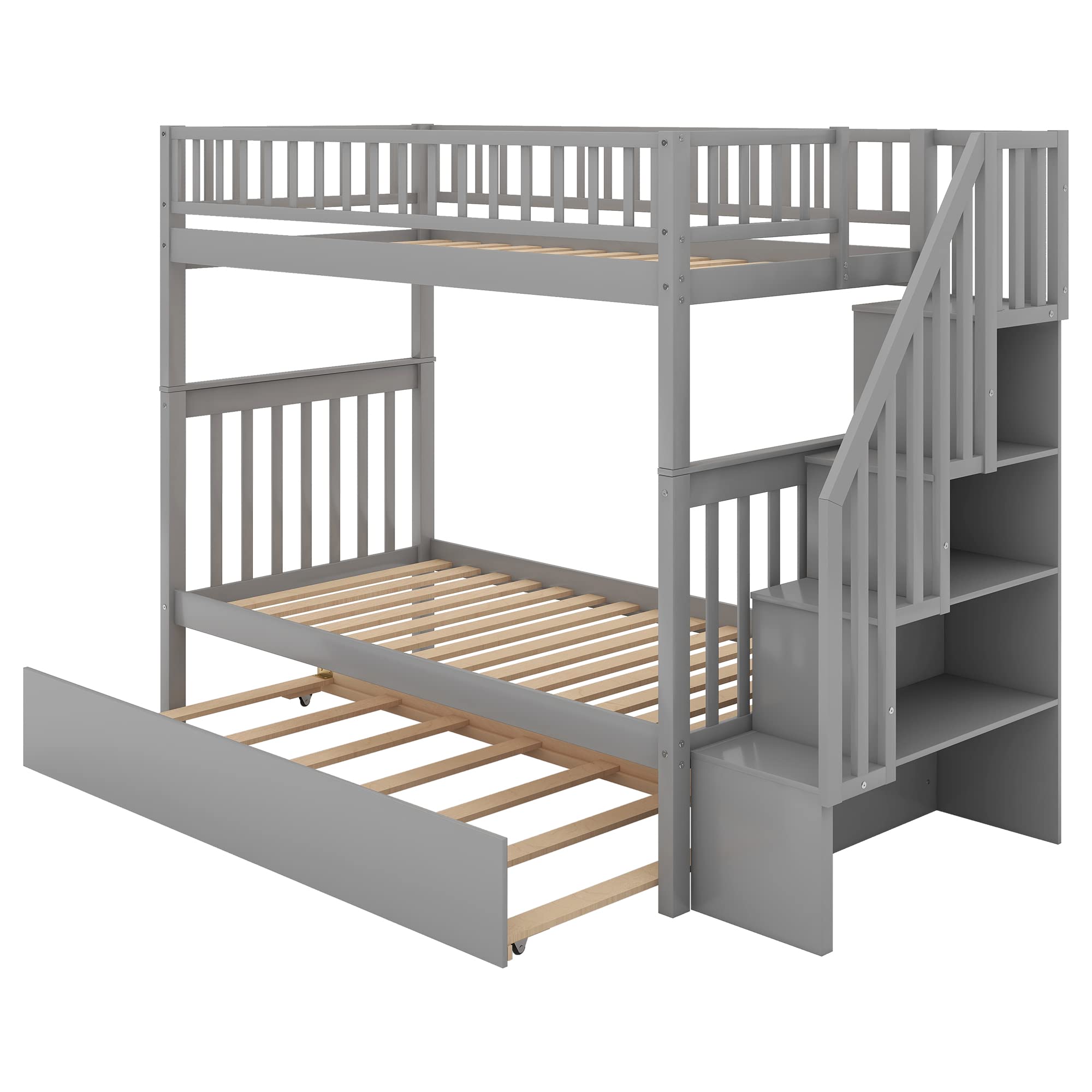 Harper & Bright Designs Twin Over Twin Bunk Bed with Stairs and Trundle, Solid Wood Stairway Bunk Bed Frame with Storage, Can be Split into 3 Separate beds, for Kids Teens Adults (Gray)