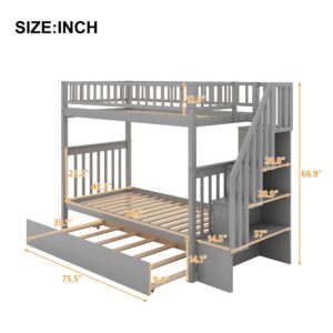 Harper & Bright Designs Twin Over Twin Bunk Bed with Stairs and Trundle, Solid Wood Stairway Bunk Bed Frame with Storage, Can be Split into 3 Separate beds, for Kids Teens Adults (Gray)