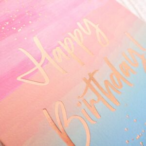 Birthday Card - Single Happy Birthday Greeting Card with Rose Gold Foil Sprinkles and Lettering on Ombre Blue Yellow Pink Textured Paper with Kraft Envelope - 5" x 7" - Blank Inside