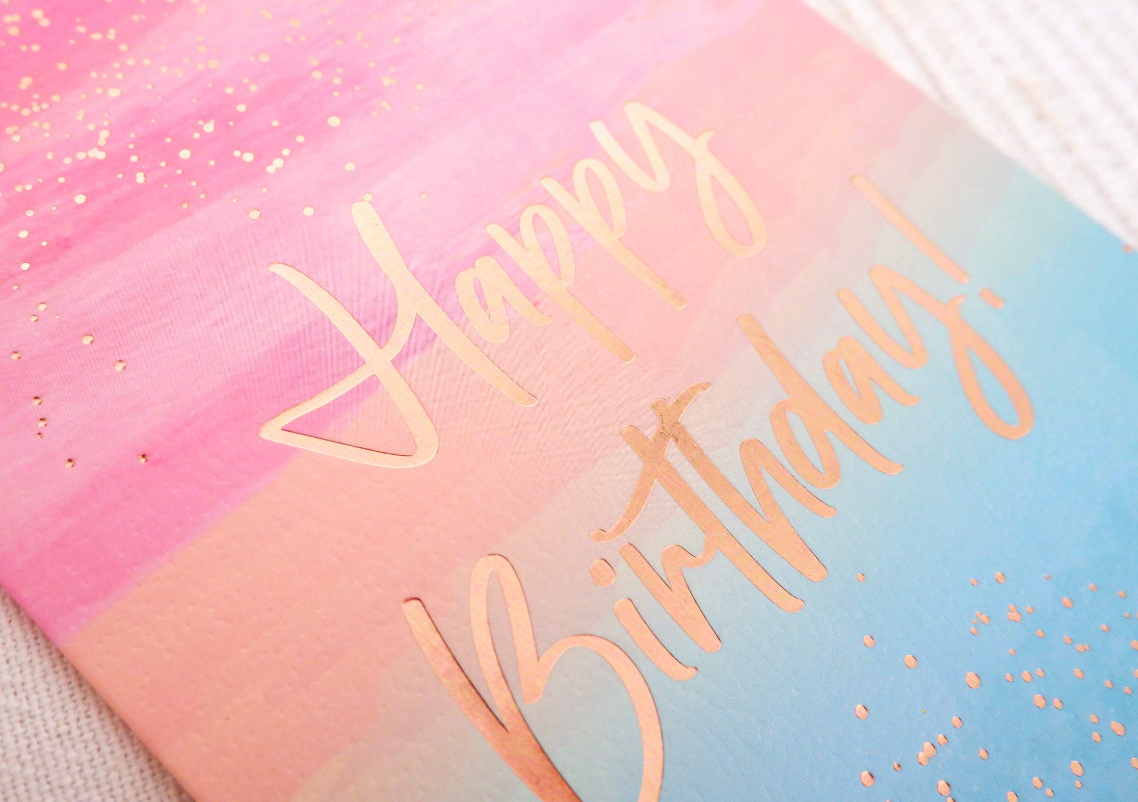 Birthday Card - Single Happy Birthday Greeting Card with Rose Gold Foil Sprinkles and Lettering on Ombre Blue Yellow Pink Textured Paper with Kraft Envelope - 5" x 7" - Blank Inside