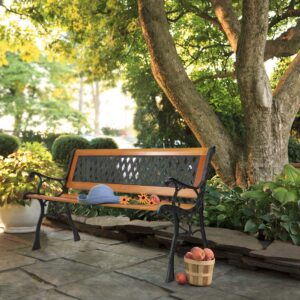 VINGLI 49.5" Outdoor Garden Bench,Deck Hardwood Cast Iron Wood Bench Chair for Patio Front Porch Path Yard Lawn